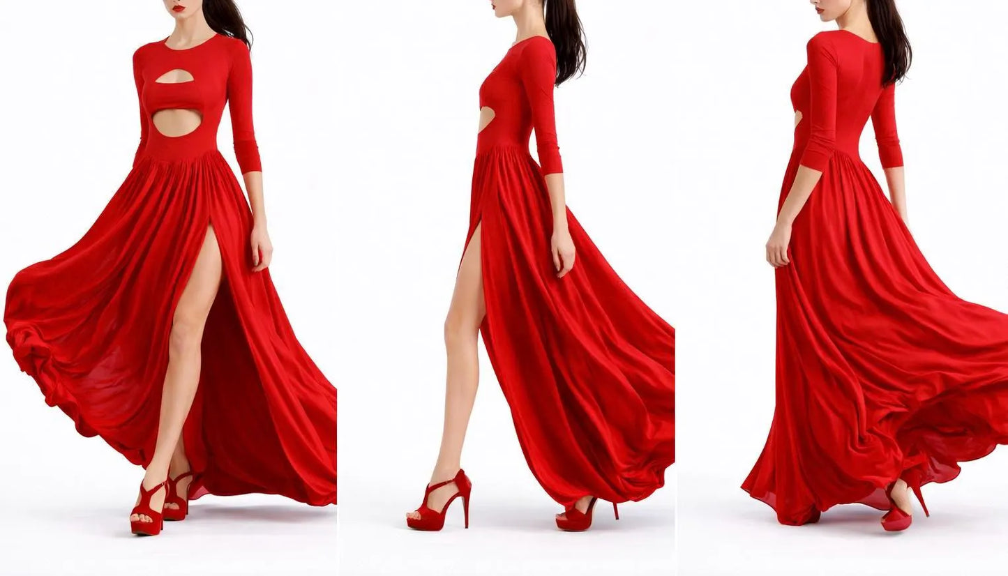 Red Cut-Out Maxi Dress with Thigh-High Slit – 3/4 Sleeve Statement Eve ...